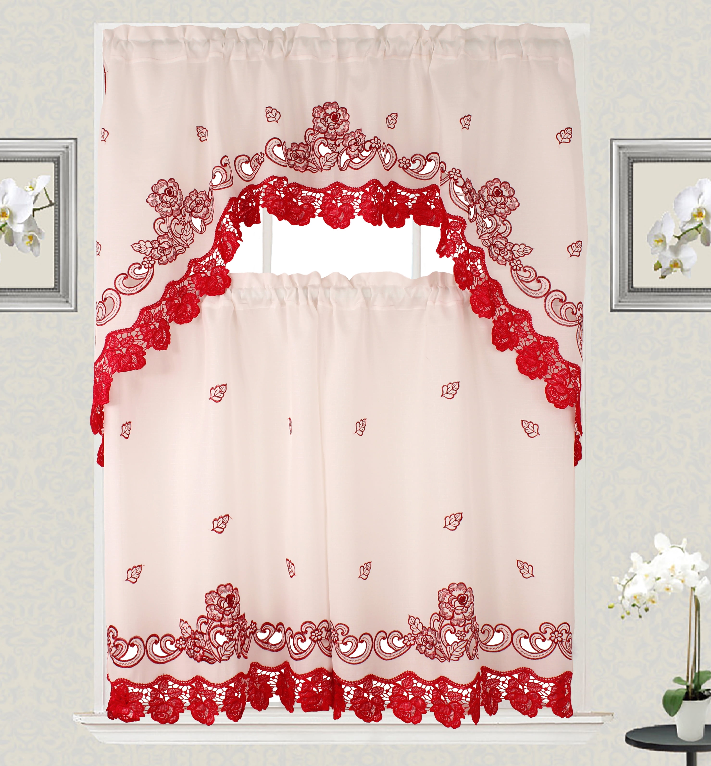 Kathy Macrame Embroidery Design Kitchen Curtain with Swag and Tier Set ...