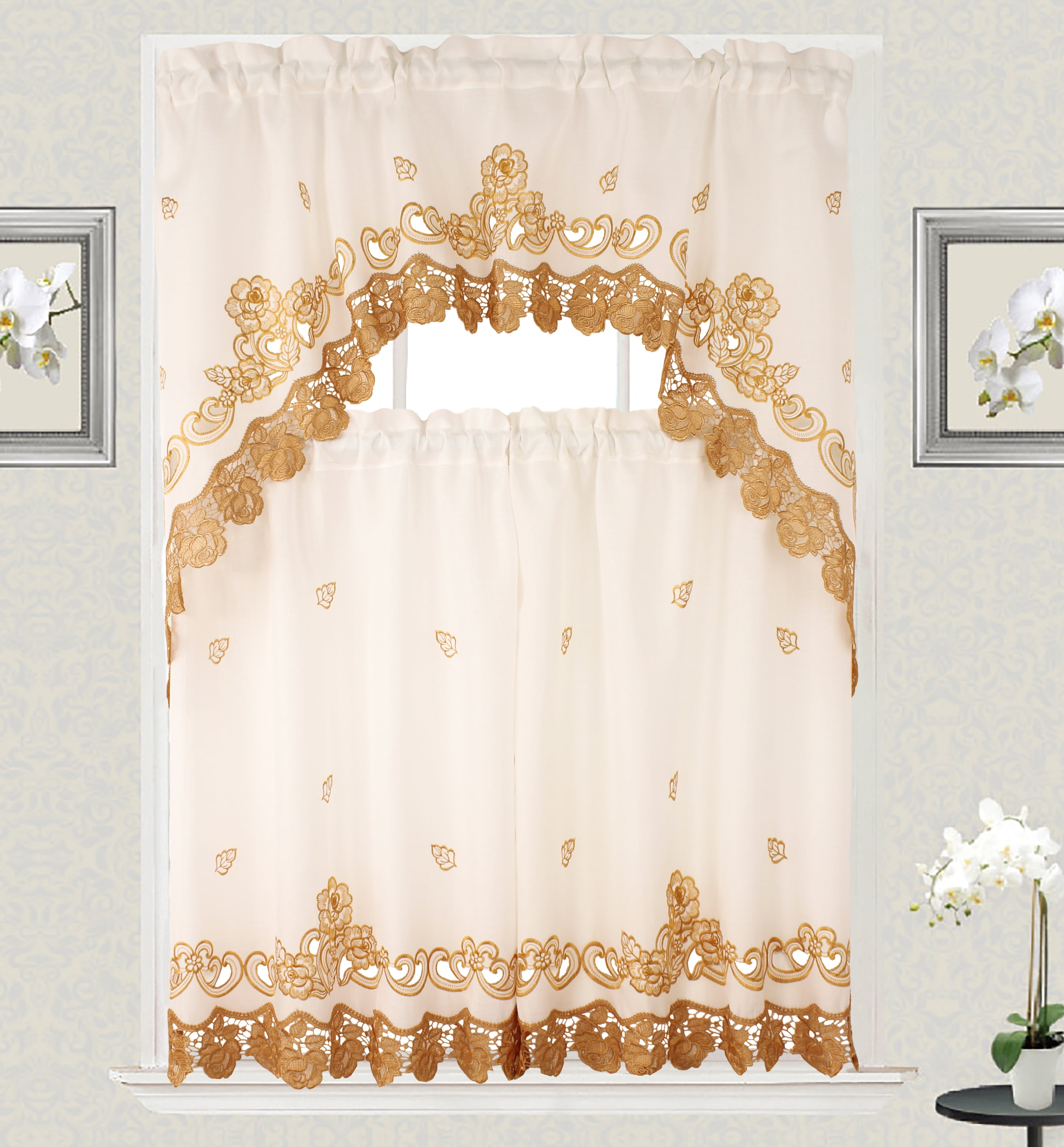 Kathy Macrame Embroidery Design Kitchen Curtain with Swag and Tier Set ...