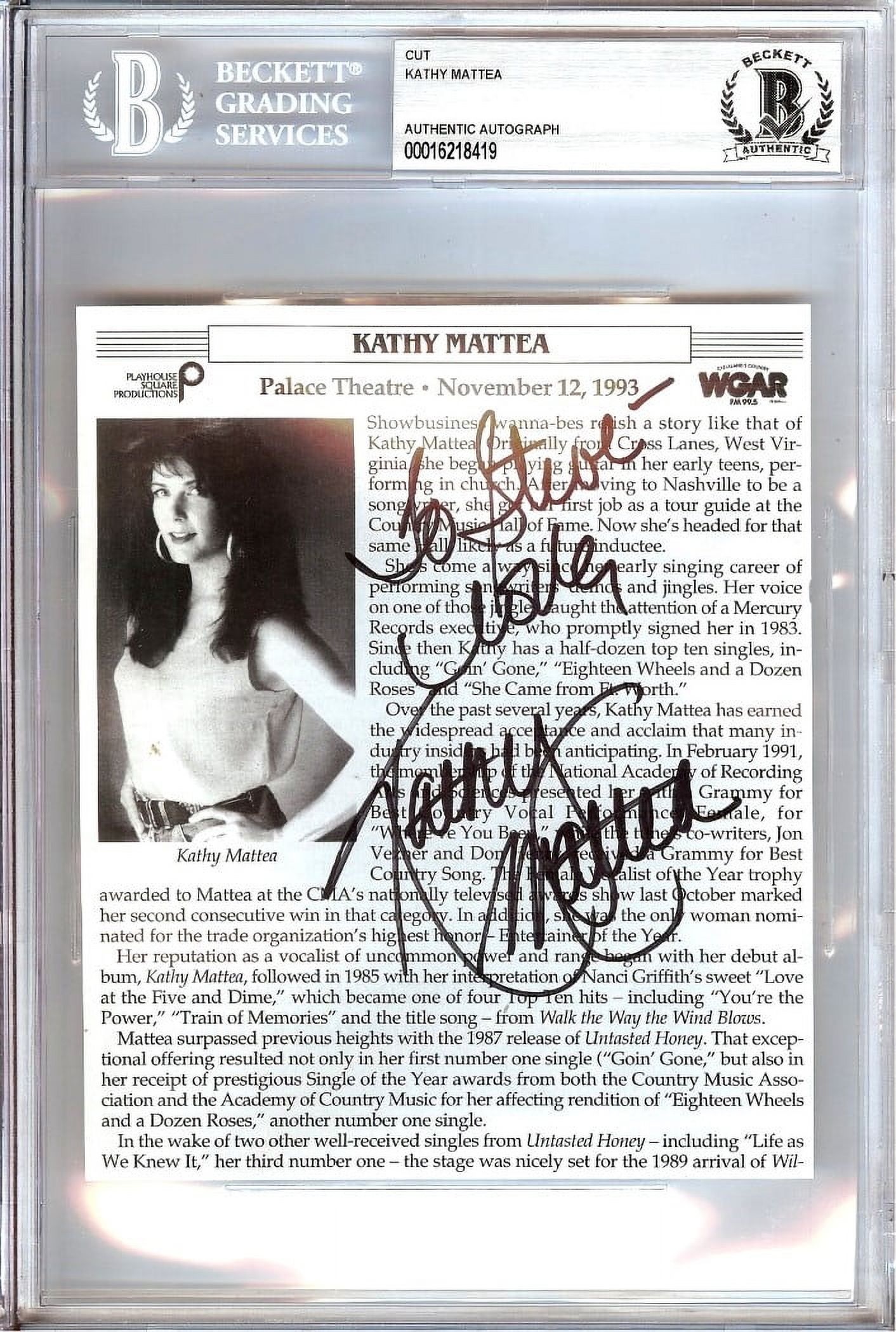 Kathy Mattea Signed Autograph Cut Signature Country Singer BAS Encased ...