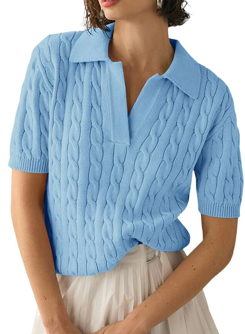 Women'S Cable Short Sleeve Sweaters Tops Solid Lapel V Neck Knit Casual ...