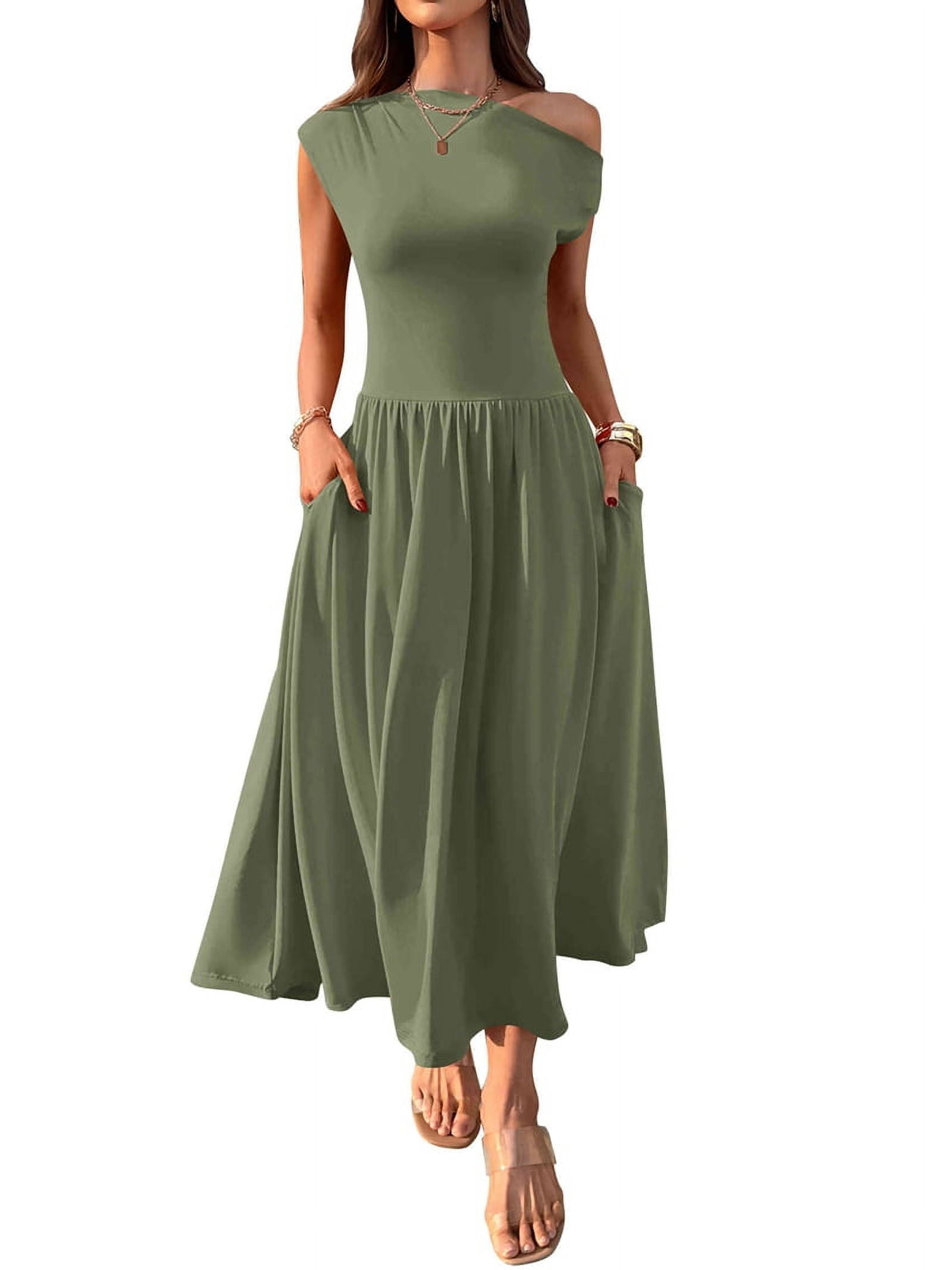 Women'S Summer 2025 Sleeveless Maxi Dress One Shoulder Casual Slim Swing Pleated Formal Dresses ...