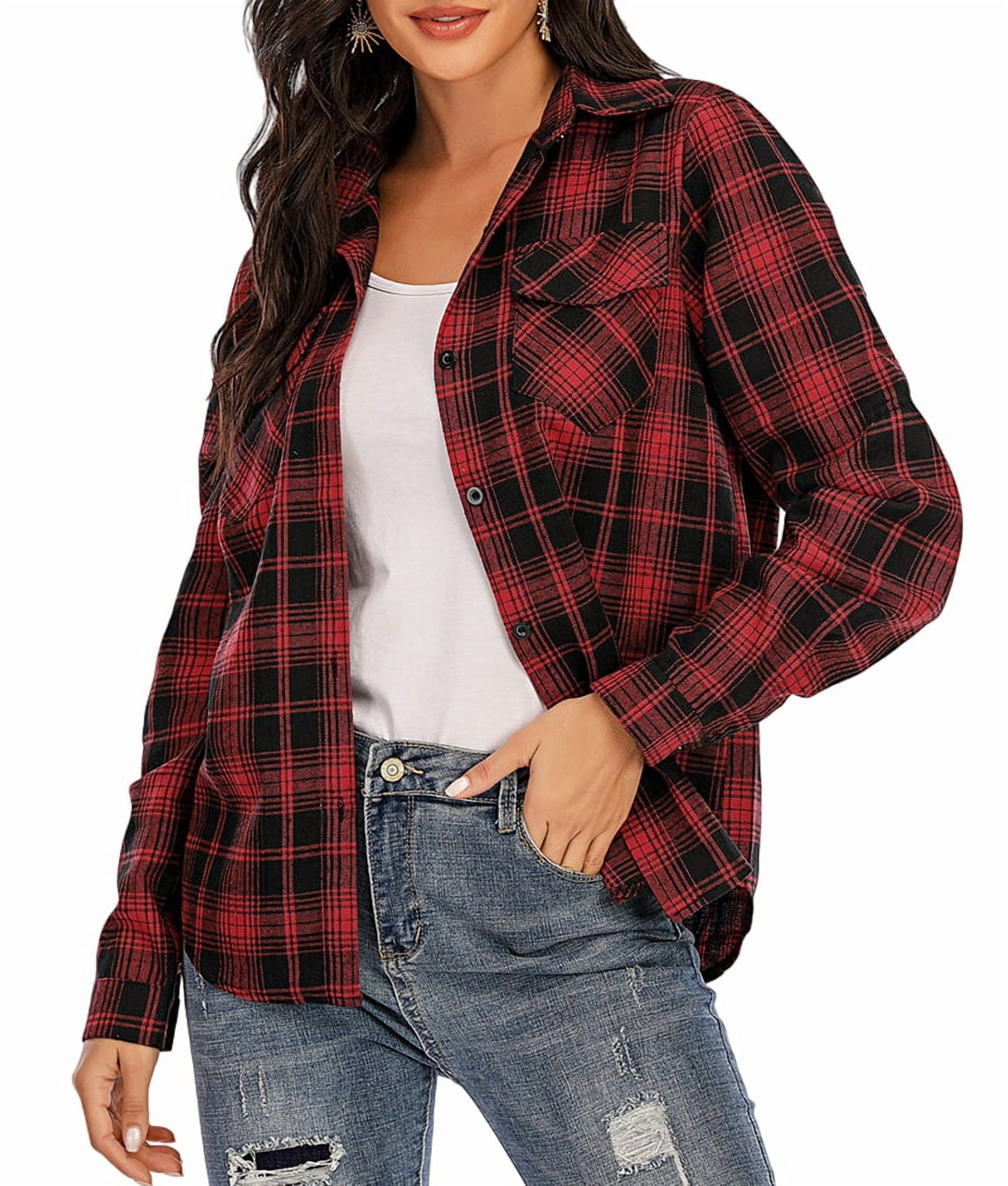 Katigan Womens Plaid Flannel Shirts Casual Roll Up Long Sleeve ...