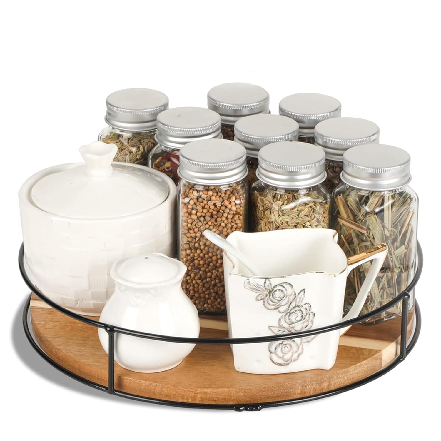 Katinyos 9 Inch Lazy Susan Organizer, Non-Skid Wood Turntable Organizer ...