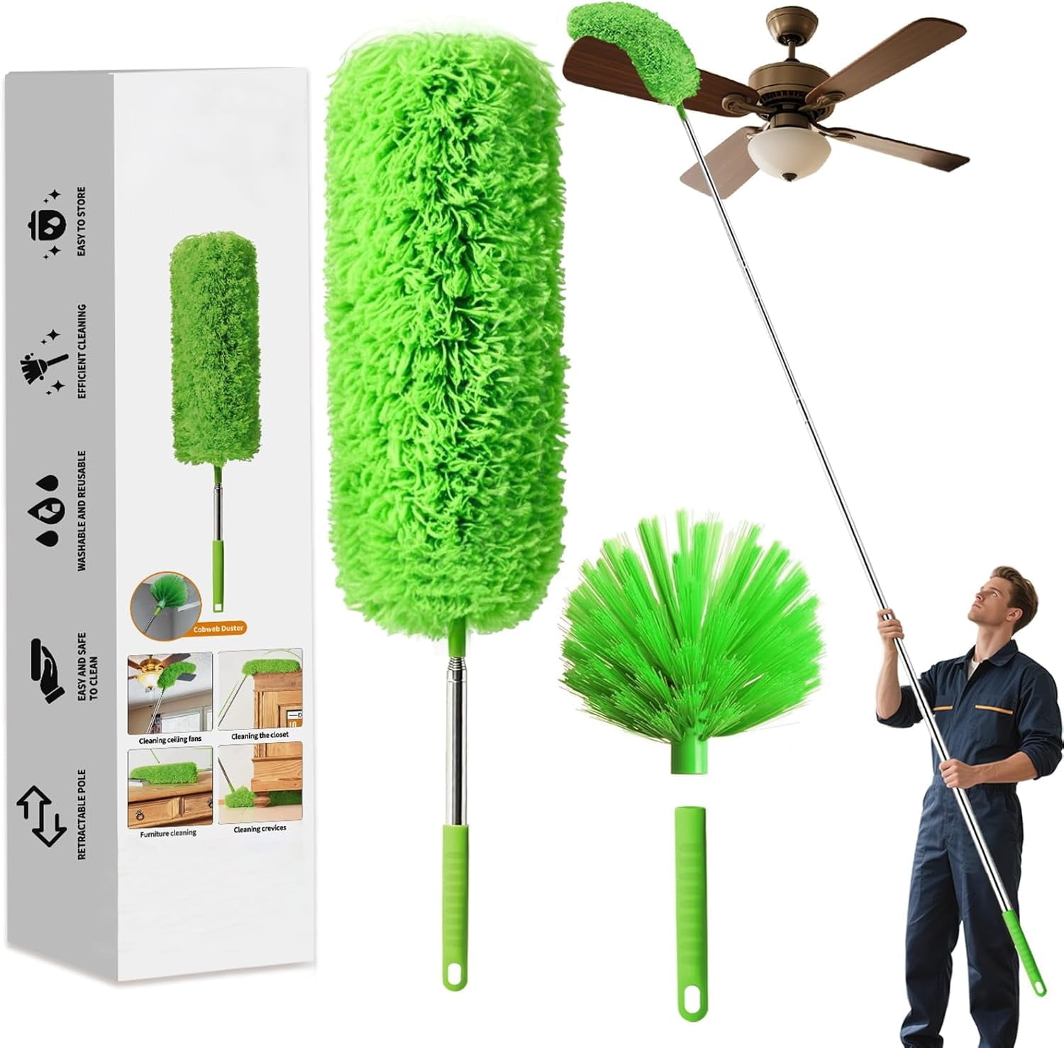 Katinyos Cobweb Duster with Extension Pole, 110" High Reach Ceiling Fan ...