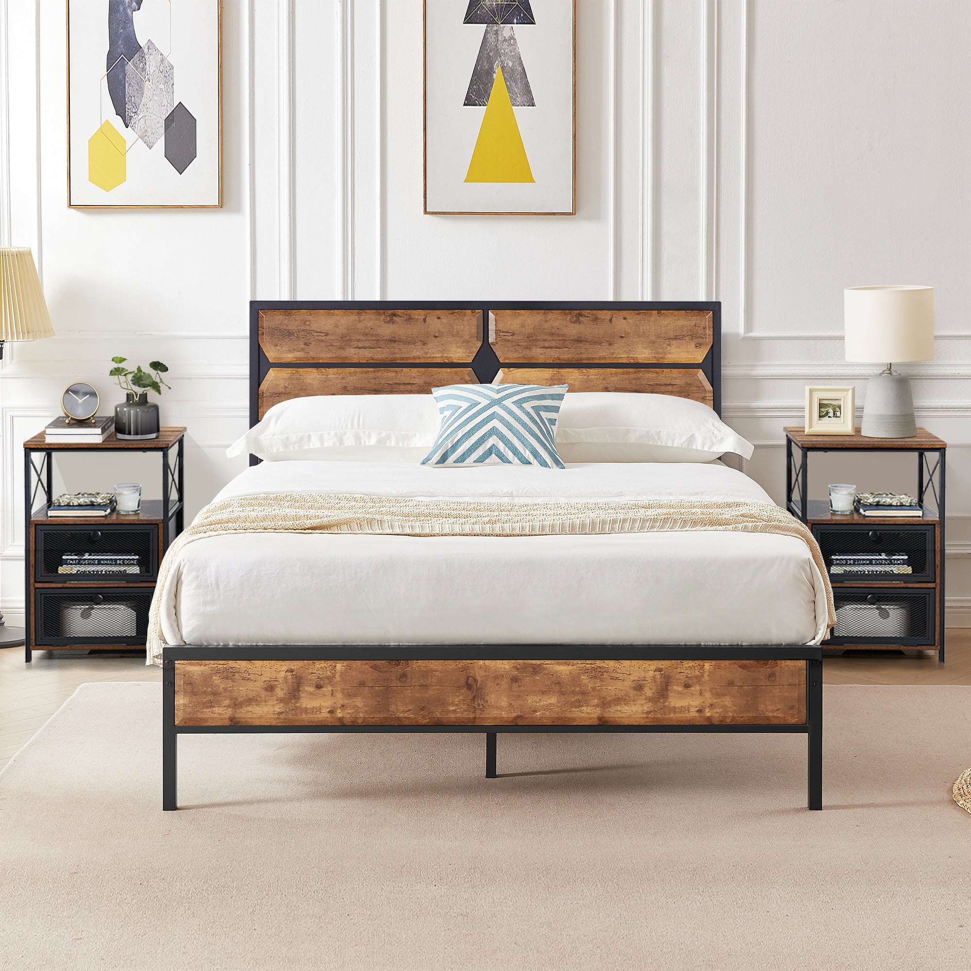 Katkuca 3-Piece Bedroom Sets, Full Size Platform Bed Frame with Two ...