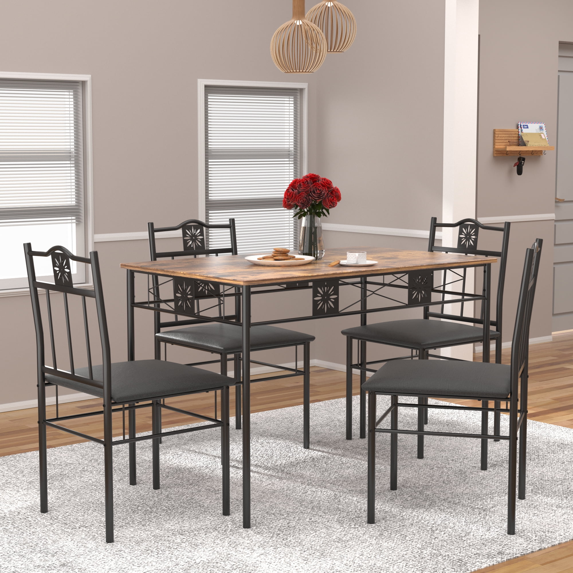 Katkuca 5-Piece Dining Table Set, Wood & Metal Table and 4 Chairs Set ...