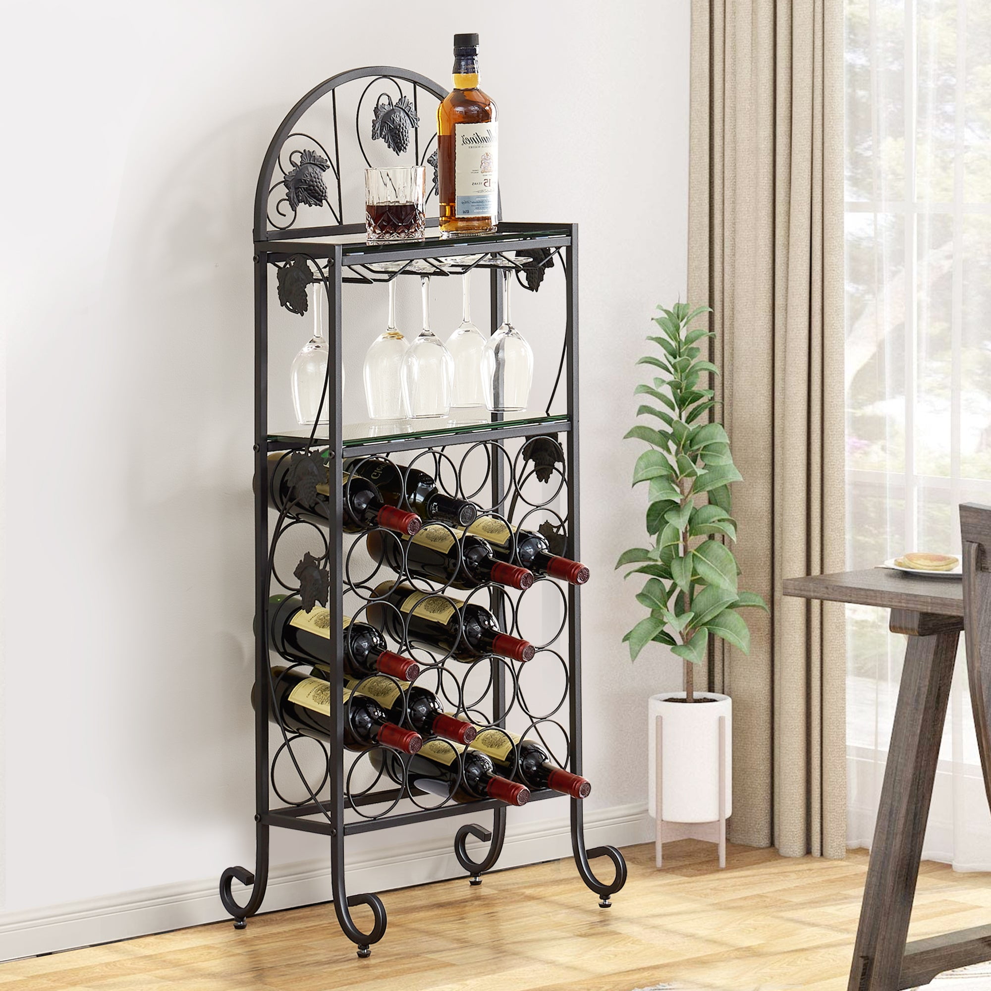 Katkuca Metal Wine Rack with Glasses Holder, Freestanding Glass Top ...