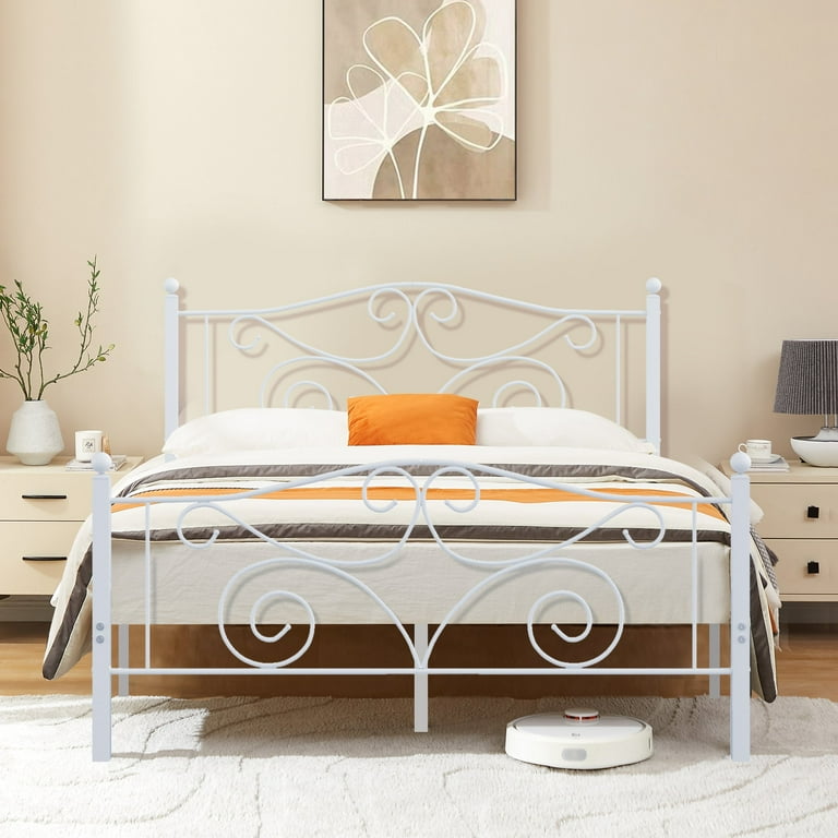 Katkuca Queen Size Metal Bed Frame with Headboard and Footboard Mattress Foundation No Box Spring Needed White