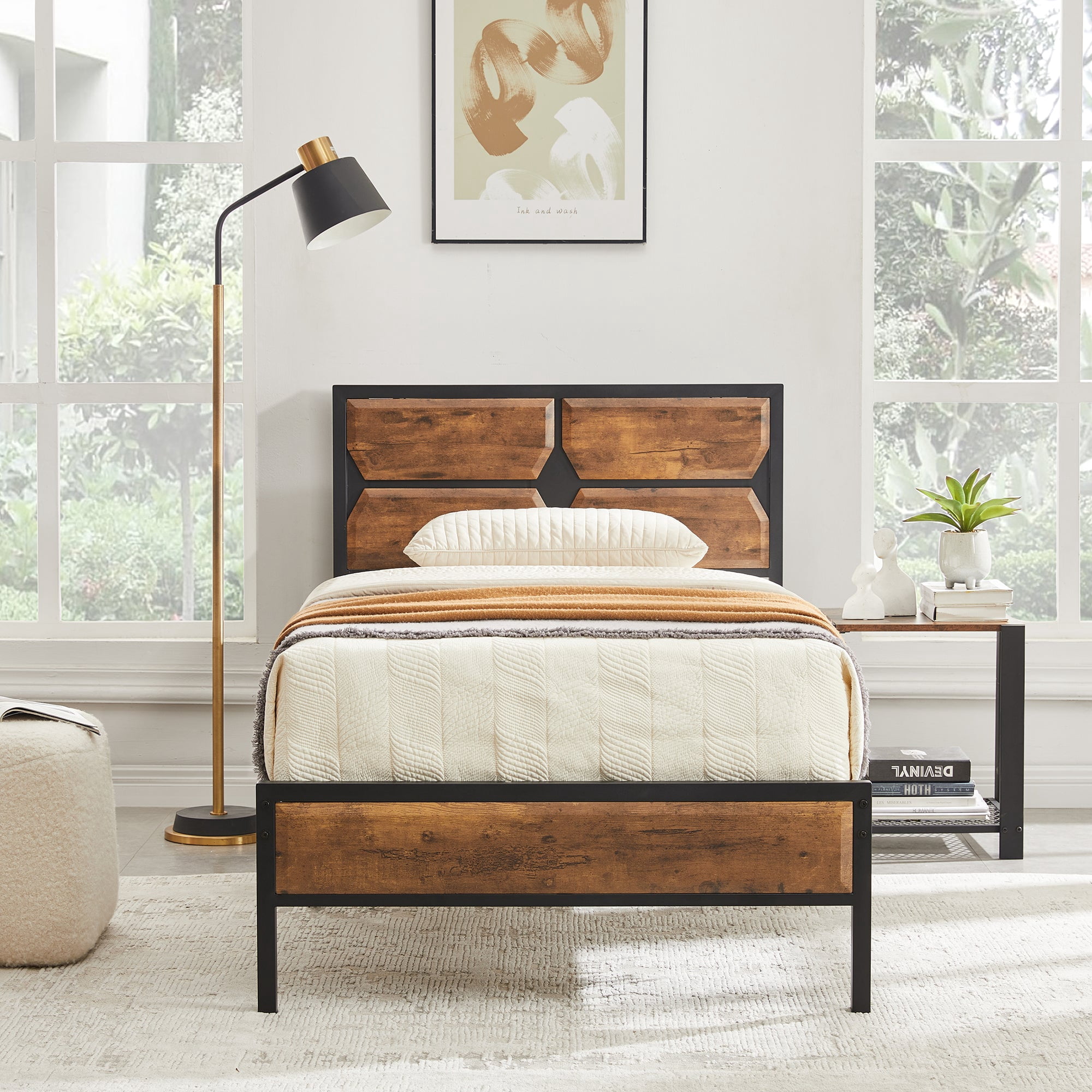 Katkuca Twin Bed Frame with Wooden Headboard & Footboard, Metal ...
