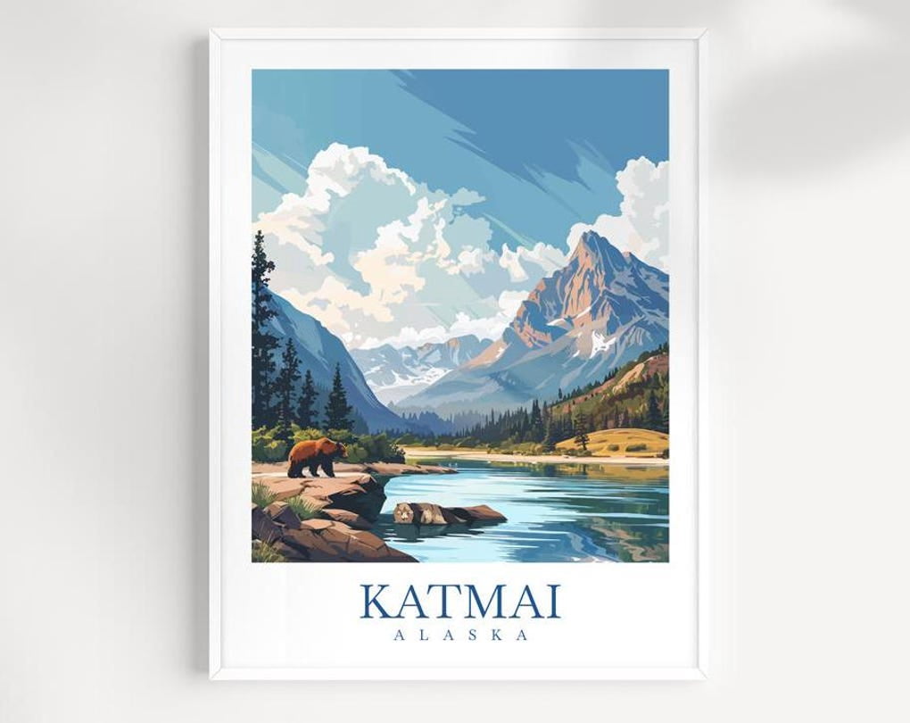 Katmai Alaska Travel Print Wall Art - Illustrated Bear Print, Original ...
