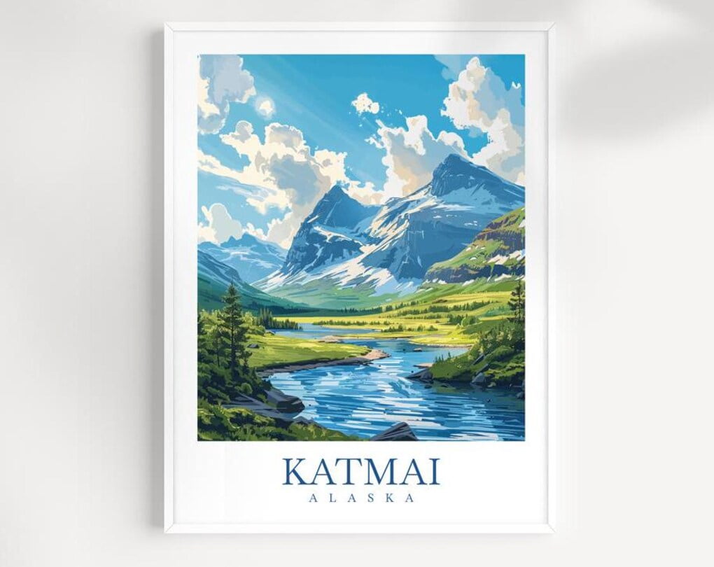 Katmai Alaska Travel Print Wall Art - Illustrated Mountain Print ...