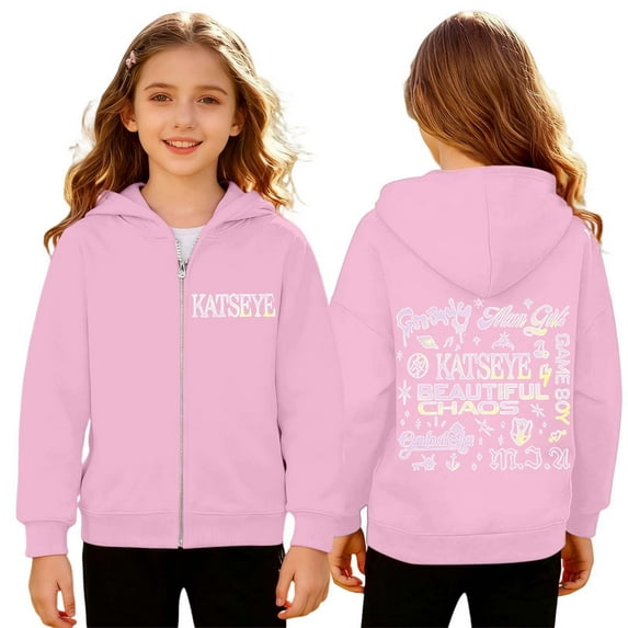 Katseyes Girls Cartoon Number Print Hooded Zip Up Jacket Long Sleeve ...