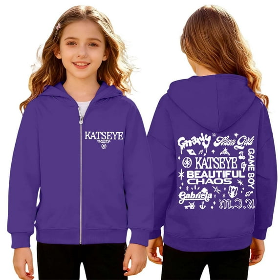 Katseyes Girls Cartoon Number Print Hooded Zip Up Jacket Long Sleeve ...