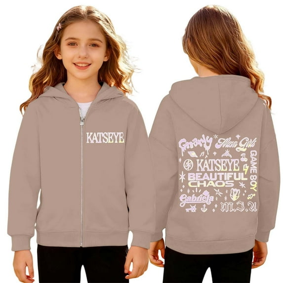 Katseyes Girls Cartoon Number Print Hooded Zip Up Jacket Long Sleeve ...