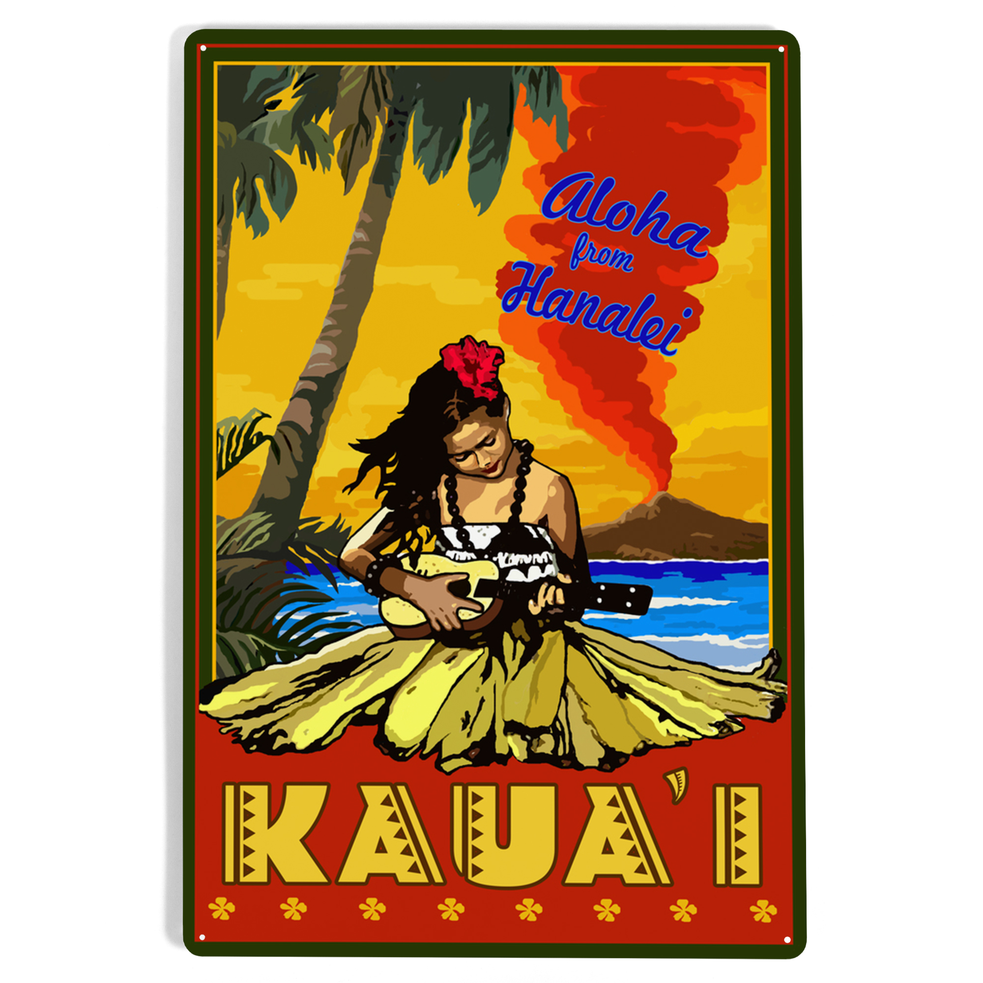 Kauai, Hawaii, Aloha from Hanalei, Hula Girl and Ukulele (12x18 ...