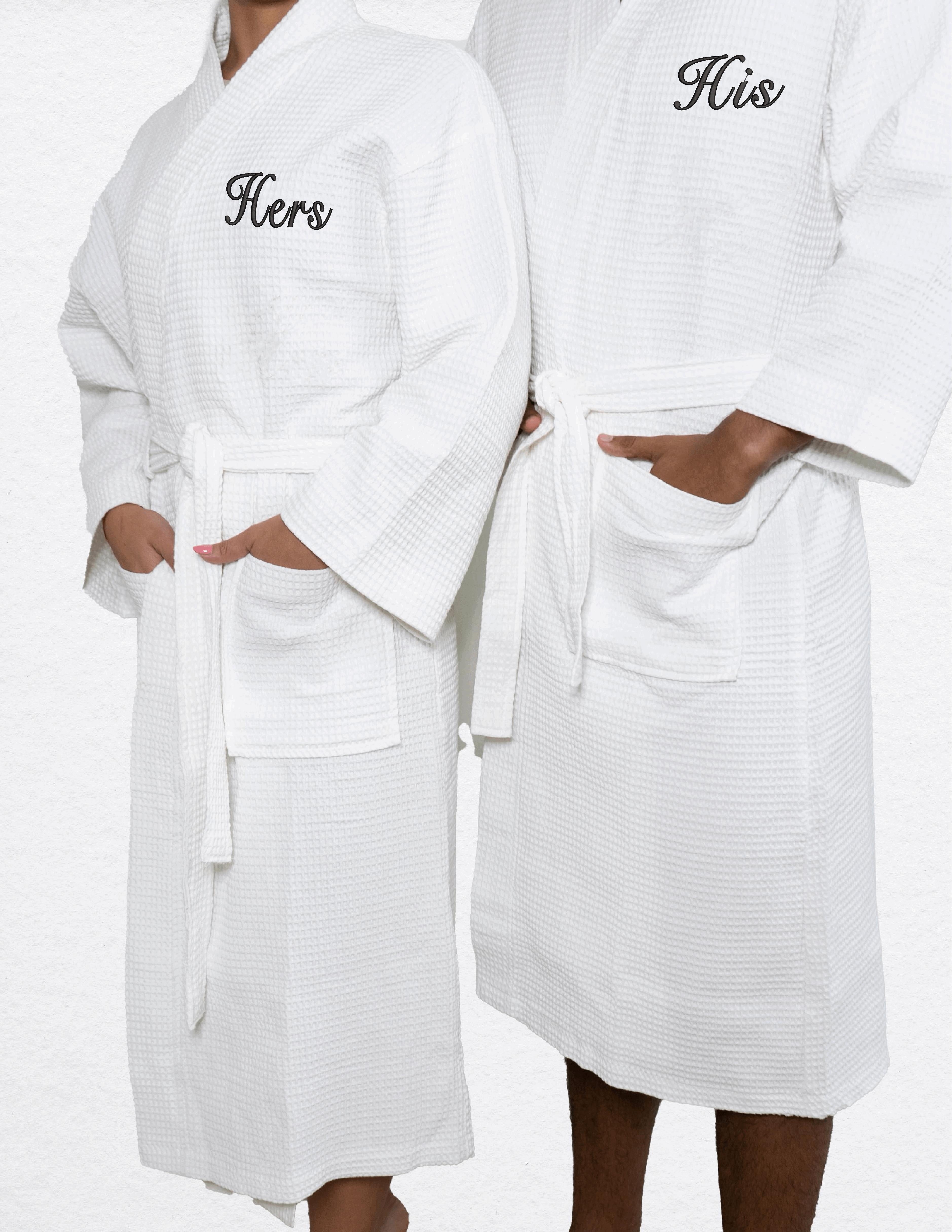 Kaufman - Set of 2 Embroidered Waffle Kimono Bathrobe, 100% Cotton Spa ...
