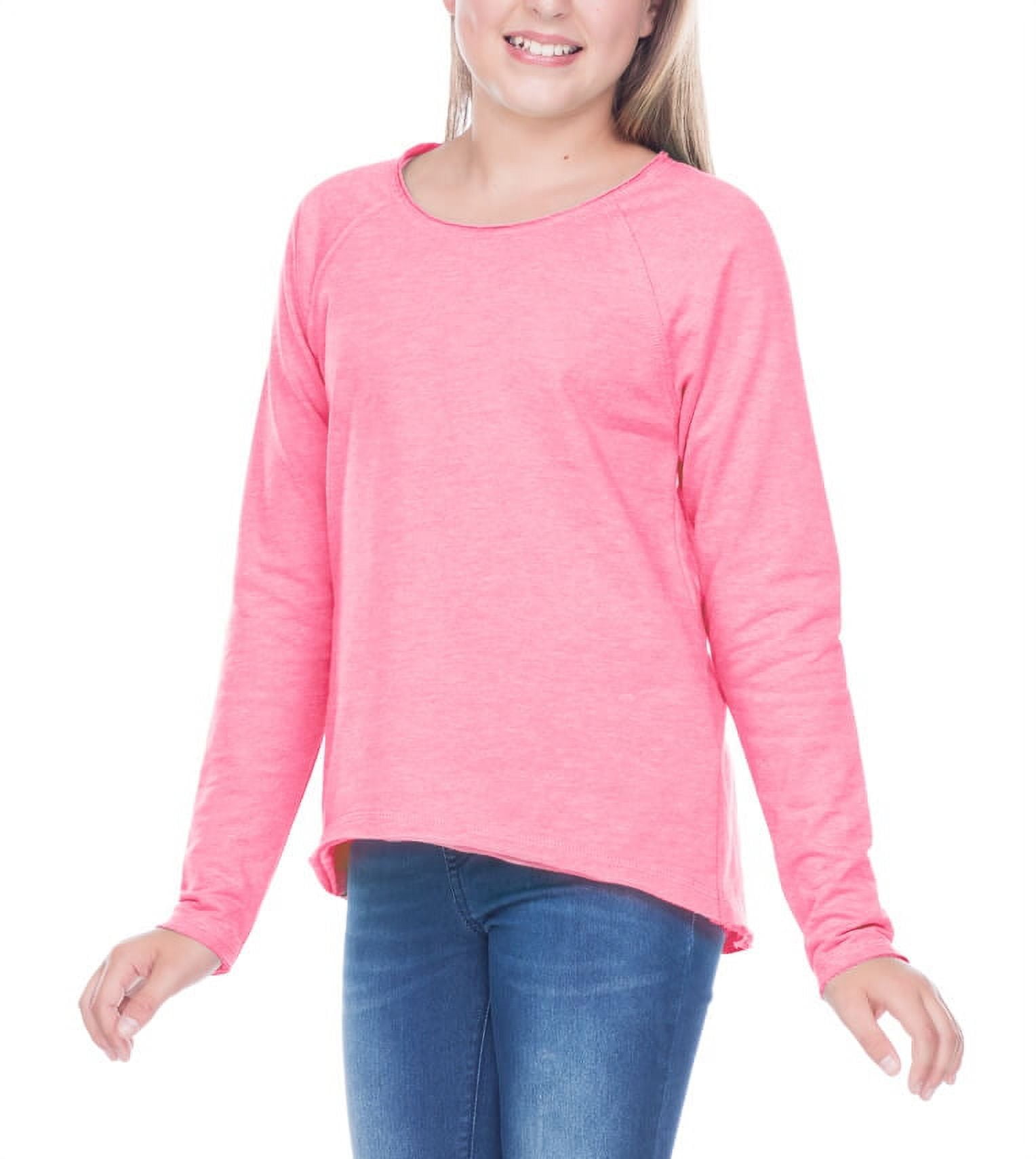 Kavio Girls French Terry Sweater, High-Low Hem, Pink, Raw Edge, Cotton ...