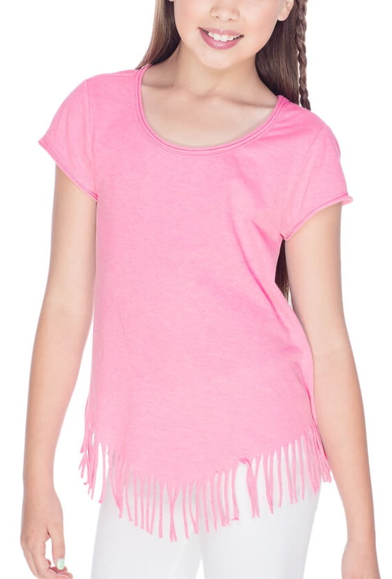 Kavio! Girls 7-16 Sheer Jersey Raw Edge V Fringe Short Sleeve Pink ...