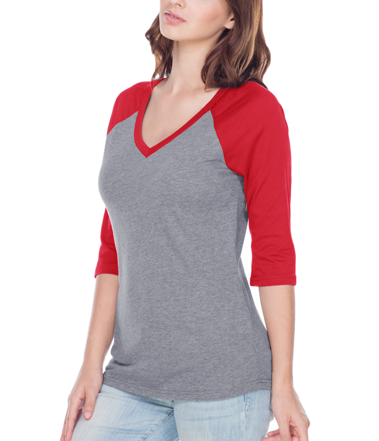 Kavio! Women Sheer Jersey Cntrst V Neck Raglan 3/4 Sleeve Dark Heather ...