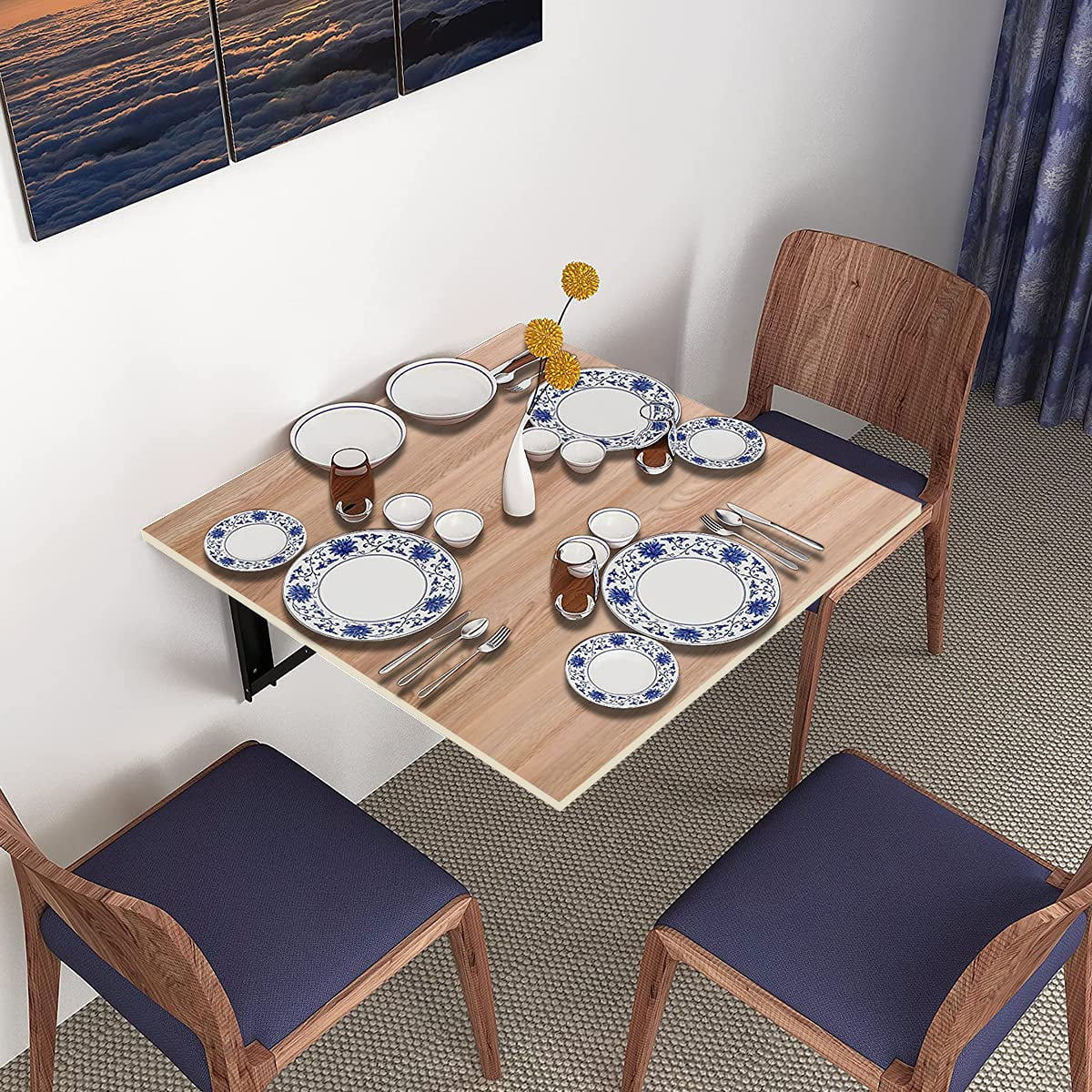 Kawachi Fold Down 3 Seater Wall Mounted Folding Breakfast Dining Table Perfect Addition to ...