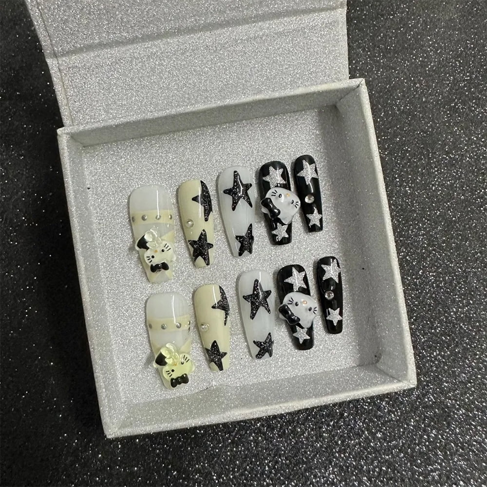 Kawaii 3D Wearable Press on Nails Hello Kitty French Long Short Coffin ...