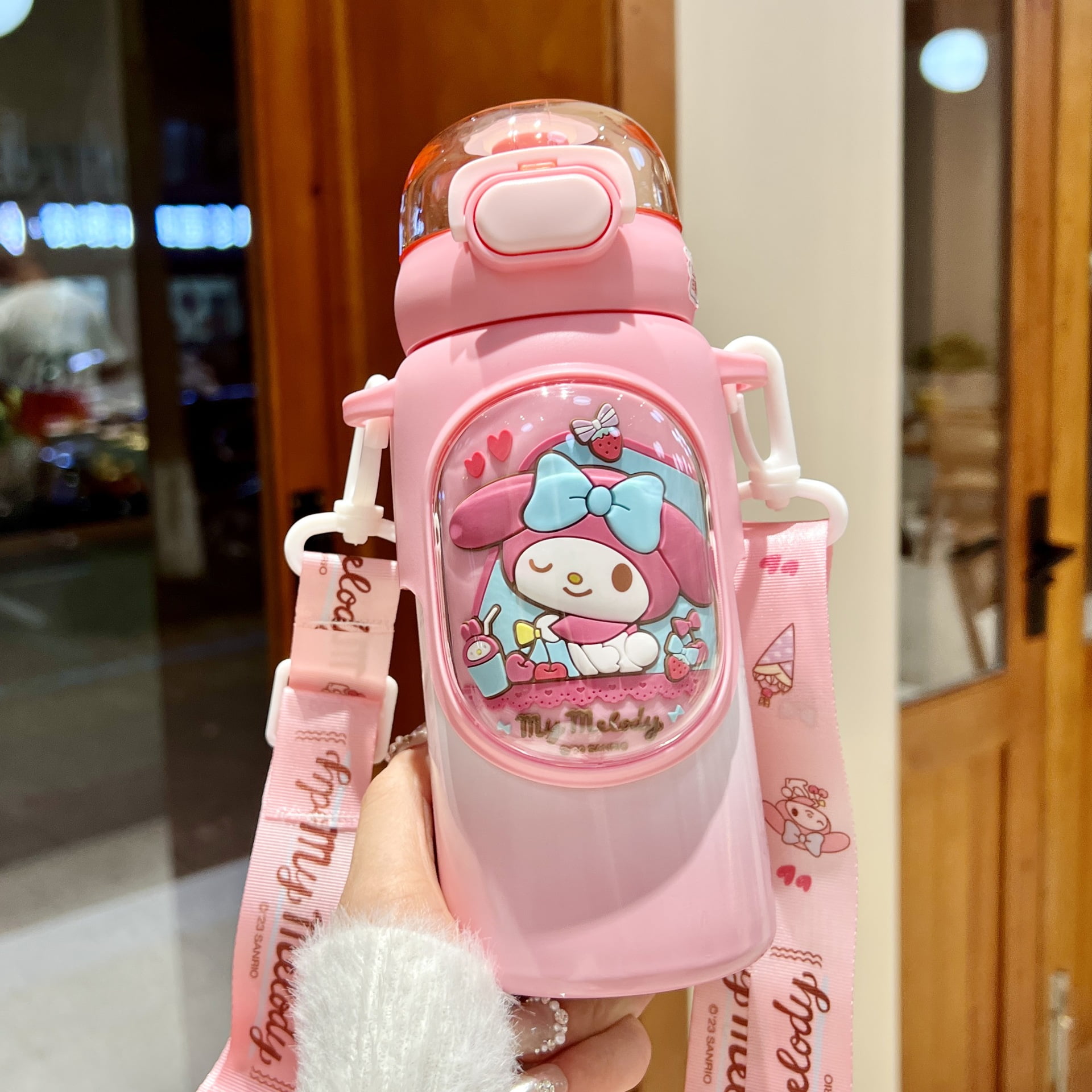 Kawaii 460ml Sanrio Kuromi Girl Straw Kettle Crossbody Stainless Steel ...