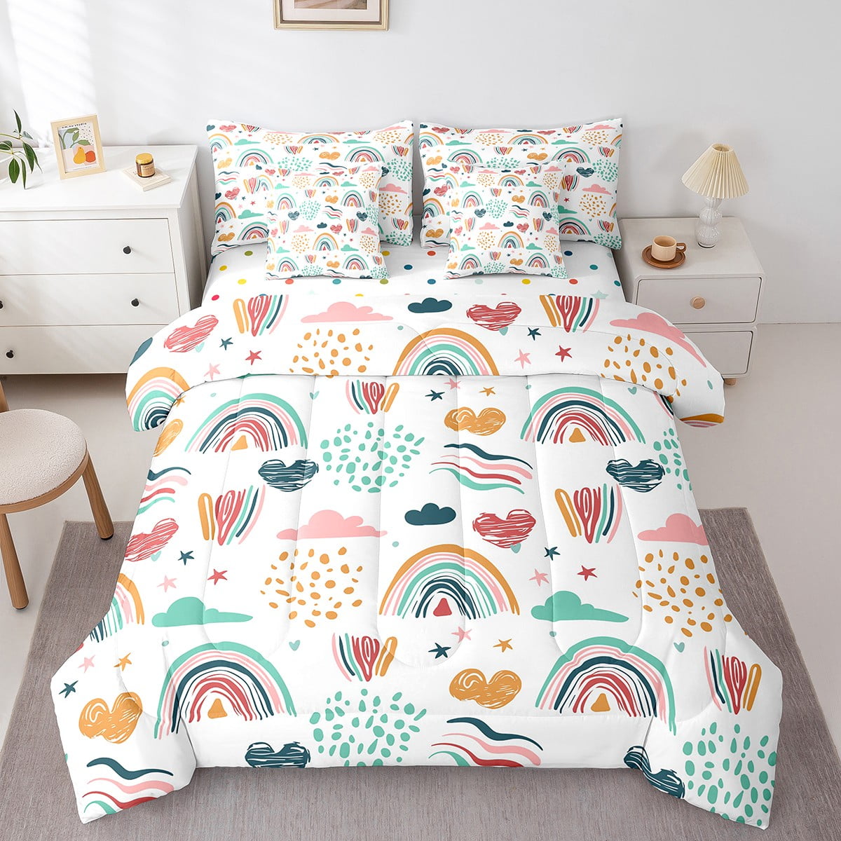 Kawaii 7 Piece Comforter Set Full Bed in a Bag,Rainbow Bedding Sets Cute Clouds Sheet Set with ...