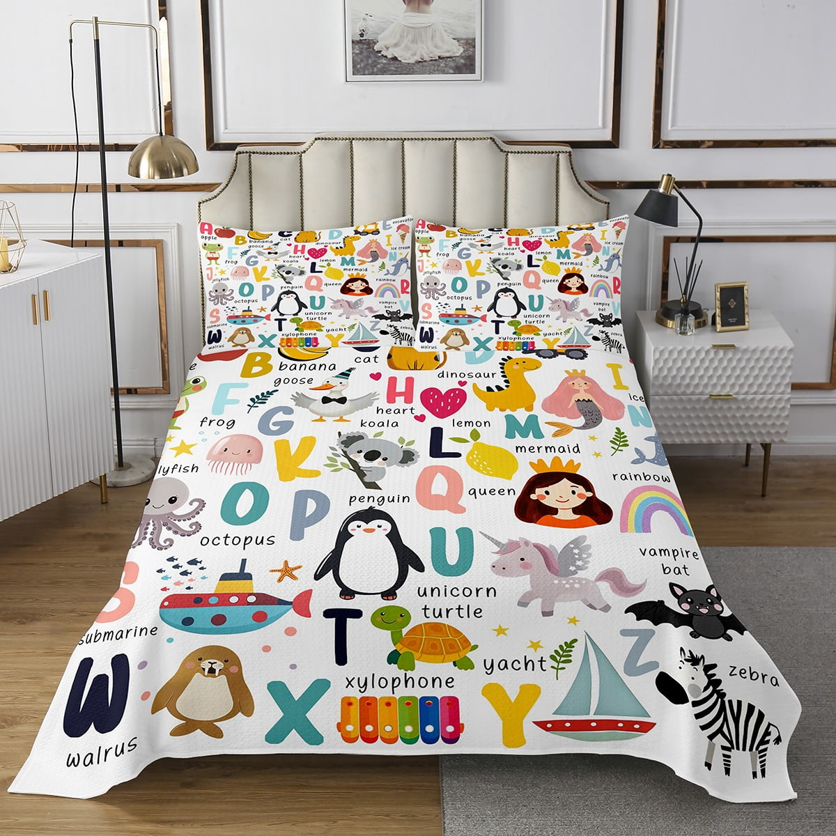 Kawaii Alphabet Bedspread Set Twin Size, Cartoon Mermaid Letters Quilt ...