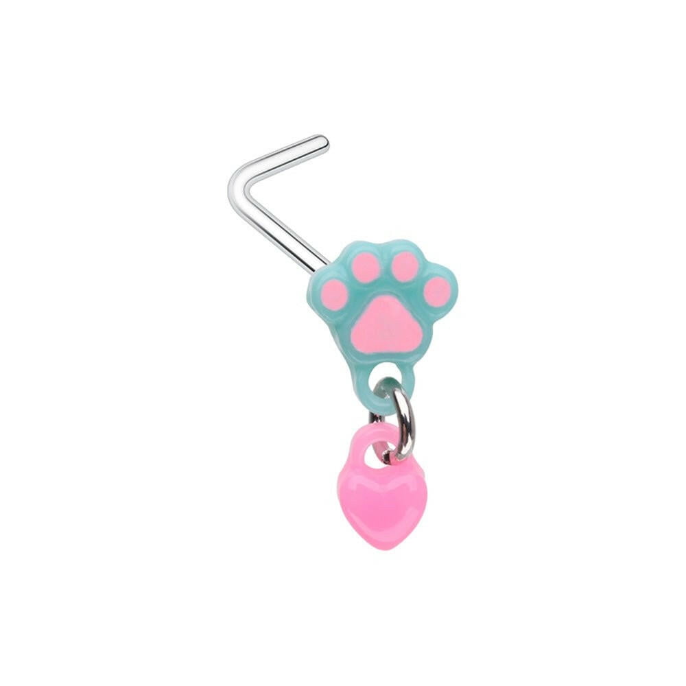 Kawaii Animal Lover Dog Cat Paw Heart Dangle L-Shaped Nose Ring ...