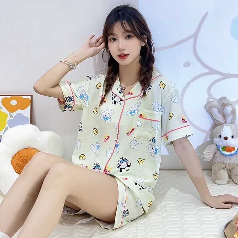 Kawaii Anime Cartoon Women Pajamas Set 2024 New Summer Short Sleeve ...
