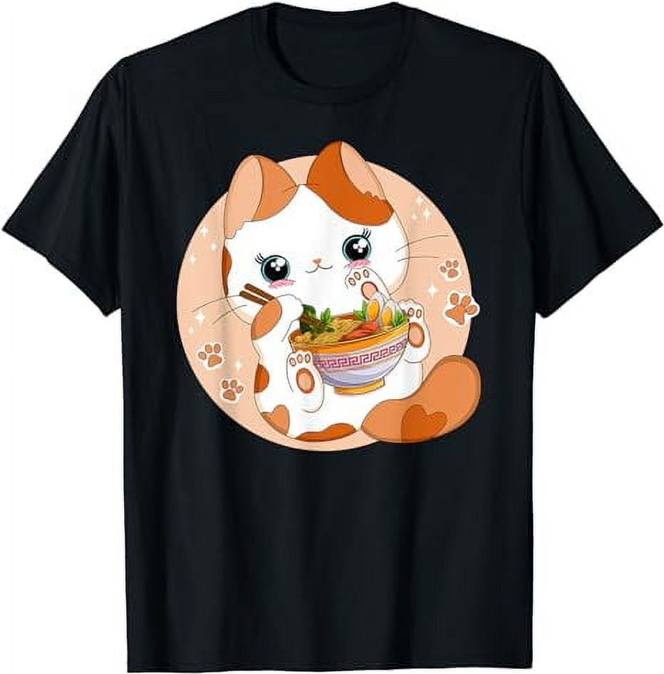 Kawaii Anime Cat Eating Ramen Noodles Cute Cat Japanese Neko T-Shirt ...