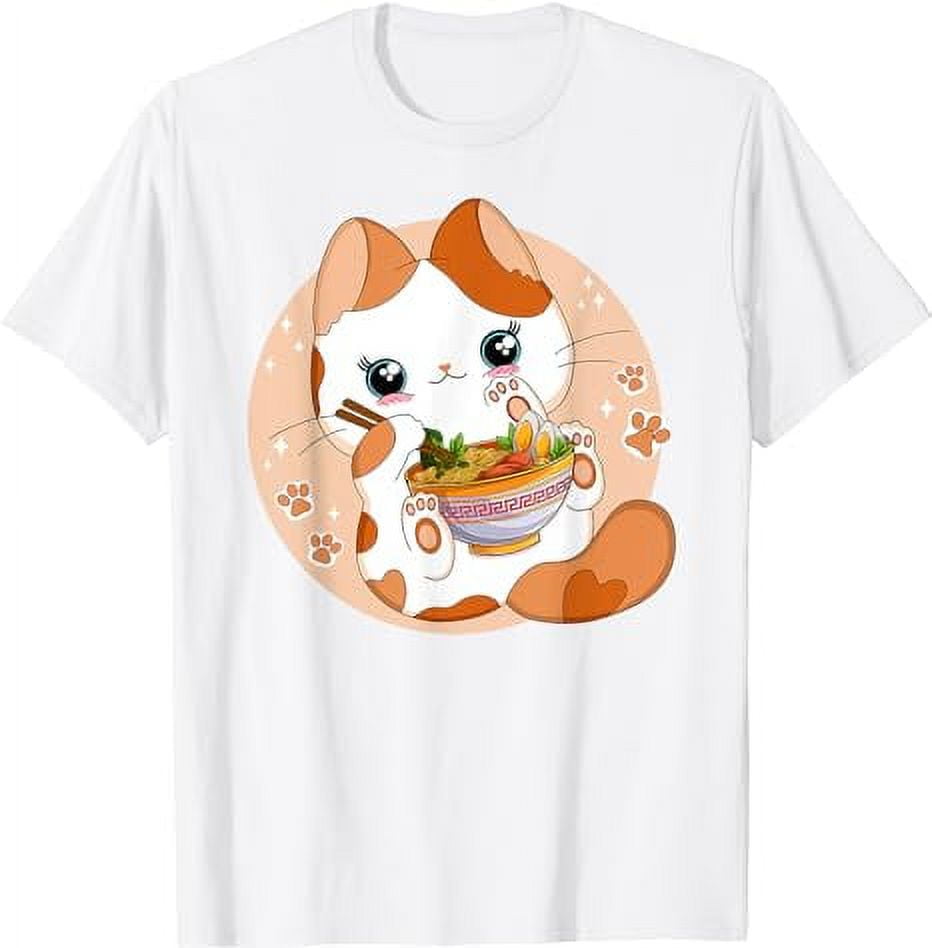 Kawaii Anime Cat Eating Ramen Noodles Cute Cat Japanese Neko white T ...