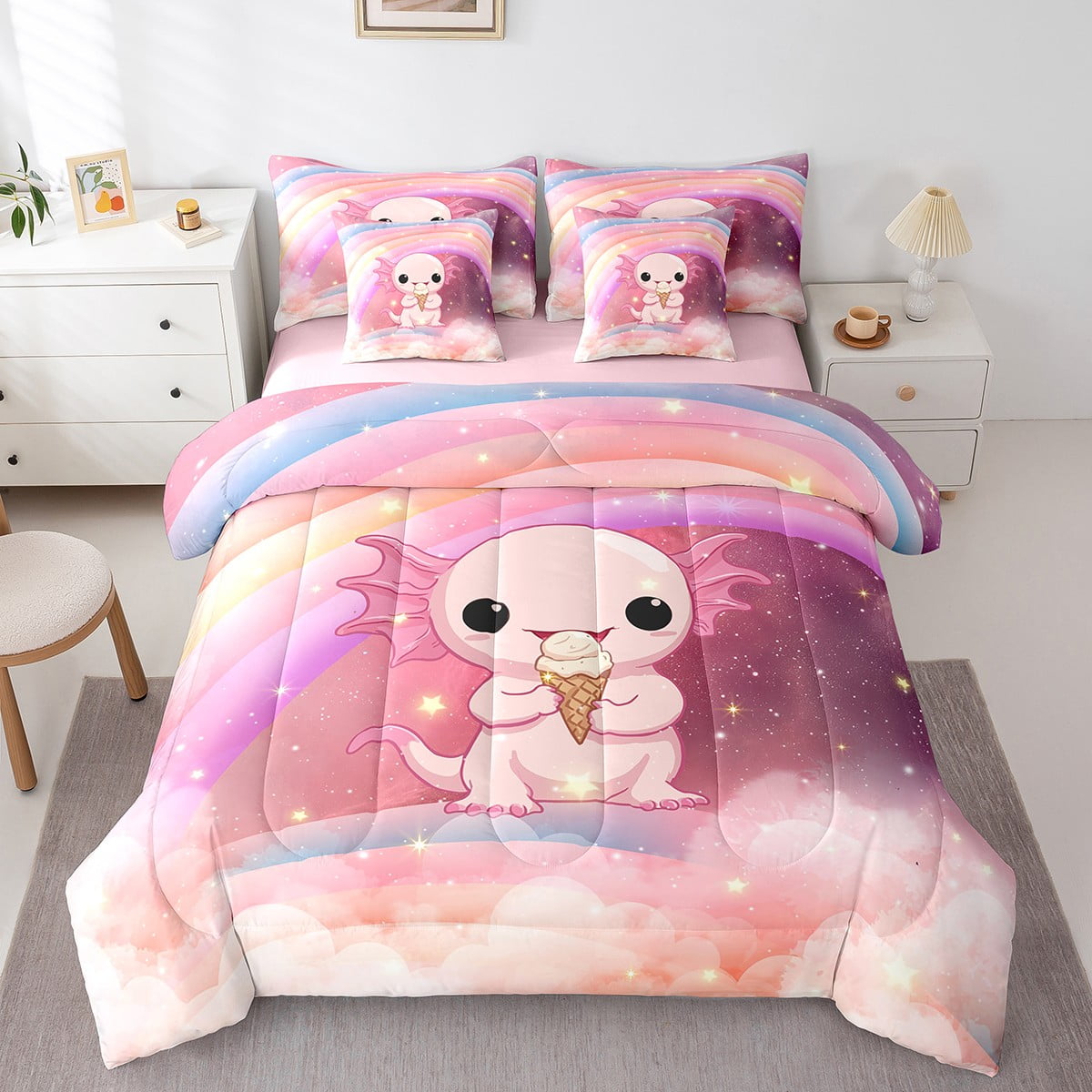 Kawaii Axolotl 7-Piece Bedding Set,Cute Rainbow Axolotl Queen Comforter ...