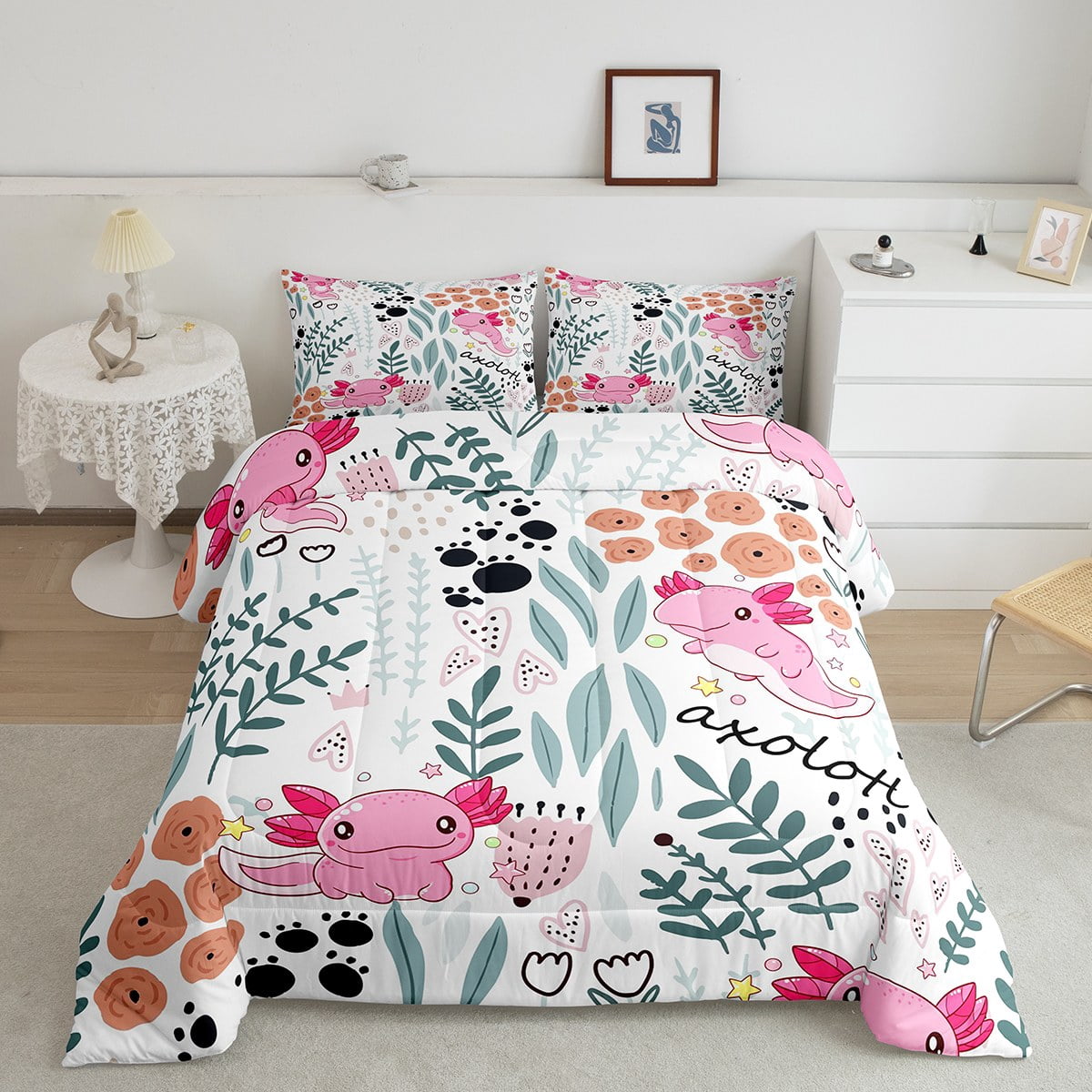 Kawaii Axolotl Bedding Set,Cartoon Axolotl Comforter Set Twin,Cute Love ...