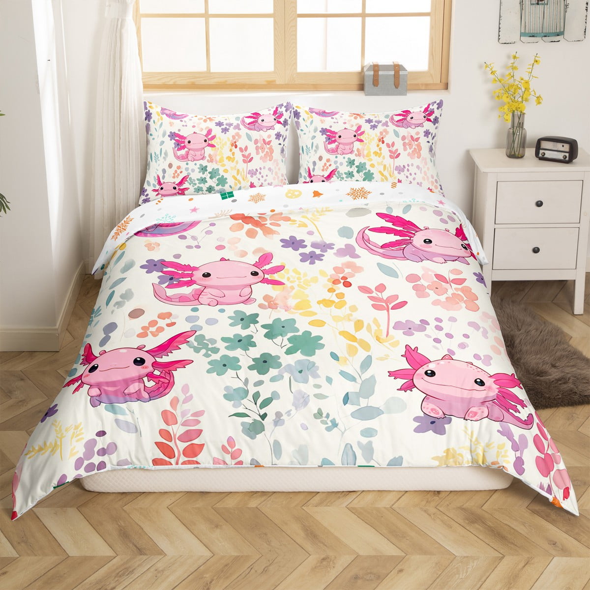 Kawaii Axolotl Bedding Set King Size,Cartoon Axolotl Reptile Duvet ...