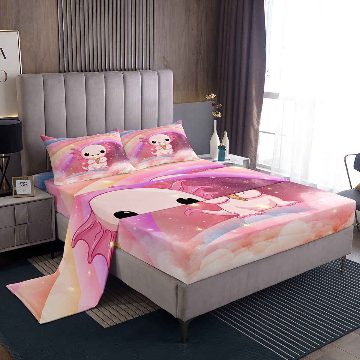 Kawaii Axolotl Bedding Set King Size,Cute Rainbow Axolotl Bed Sheets ...