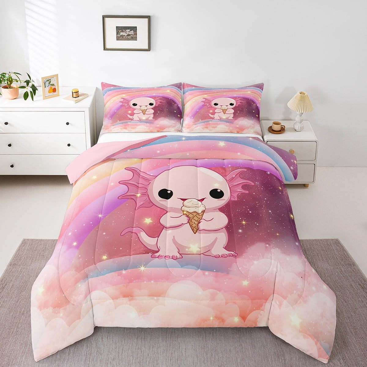 Kawaii Axolotl Bedding Set King Size,Cute Rainbow Axolotl Comforter Set ...