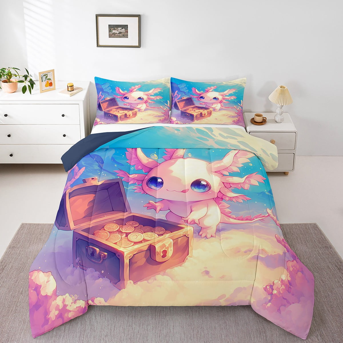 Kawaii Axolotl Bedding Set Queen Size Pink Cartoon Axolotl Comforter ...