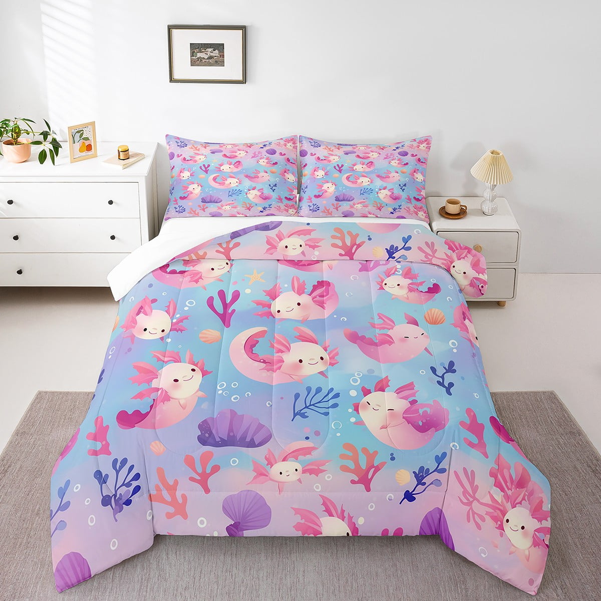 Kawaii Axolotl Bedding Set Twin Room Decor,Pink Cute Cartoon Animal ...