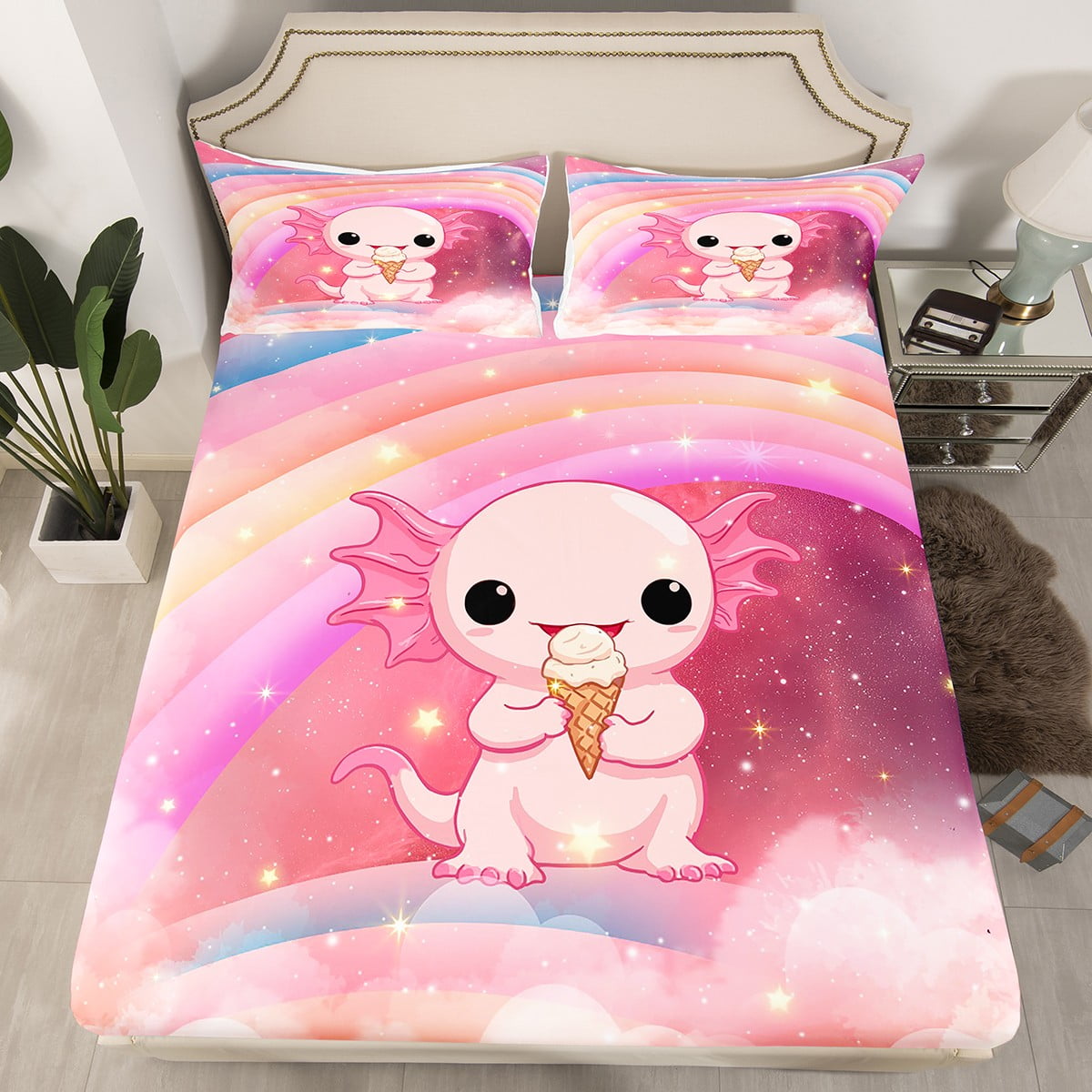 Kawaii Axolotl Bedding Set Twin Size,Cute Rainbow Axolotl Fitted Sheet ...