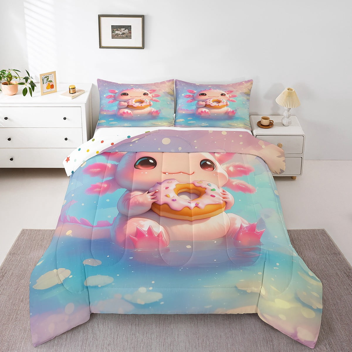 Kawaii Axolotl Bedding Sets Sweet Donut Printed Comforter Set,Cartoon ...