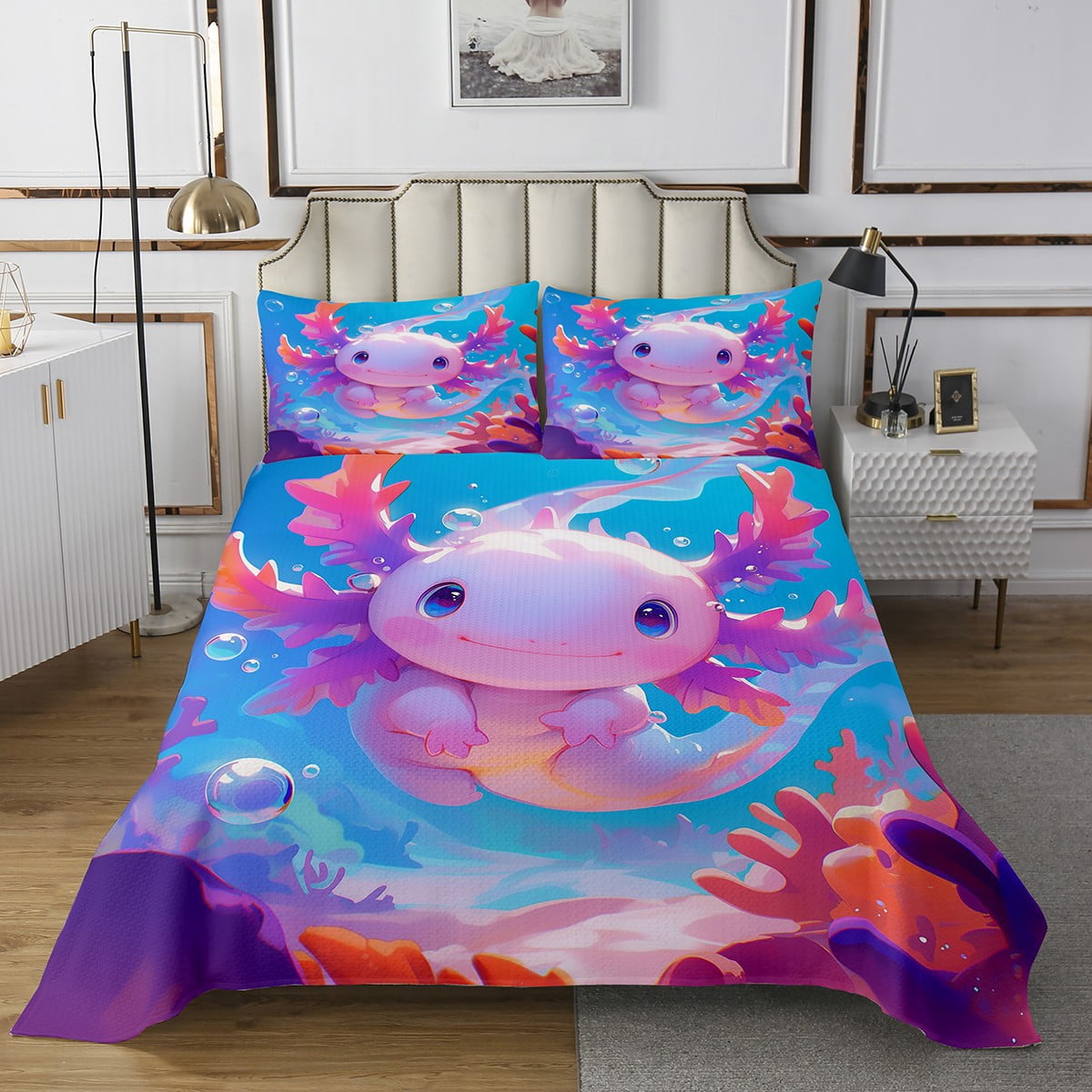 Kawaii Axolotl Bedspread Set Pink Salamander Quilt Set,Cute Cartoon ...