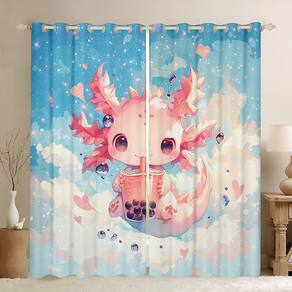 Kawaii Axolotl Kids Window Curtains,Milk Tea Starry Clouds Sky Window ...