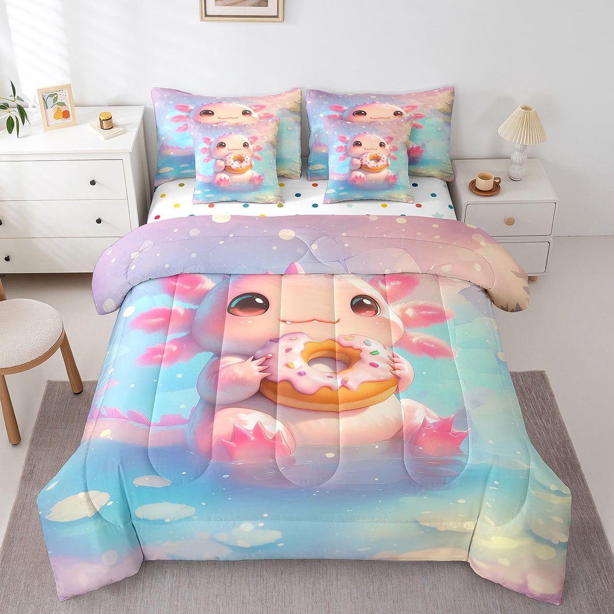 Kawaii Axolotl King Comforter Set Sweet Donut Printed Bed In A Bag 7 ...
