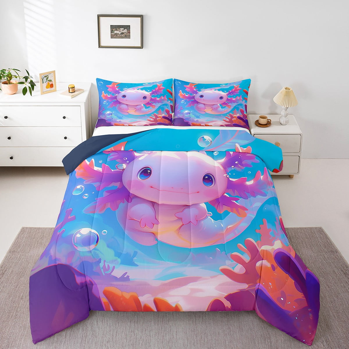 Kawaii Axolotl Queen Comforter Set Pink Salamander Bedding Set Children ...