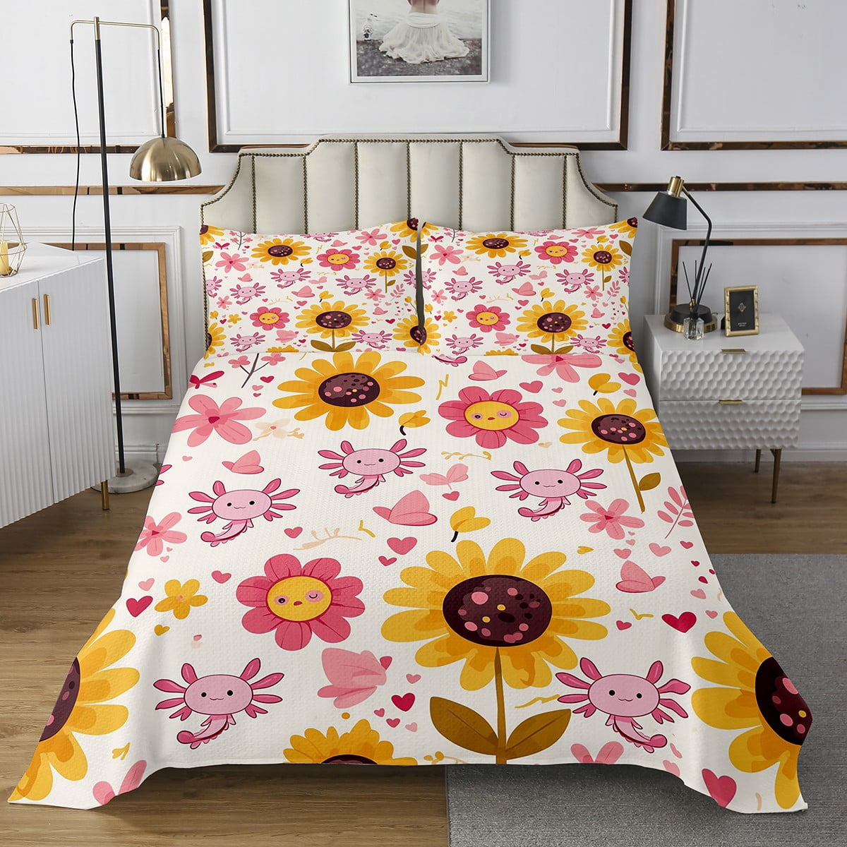 Kawaii Axolotl Queen Quilt Set,Cute Sunflower Animal Bedspread Set ...