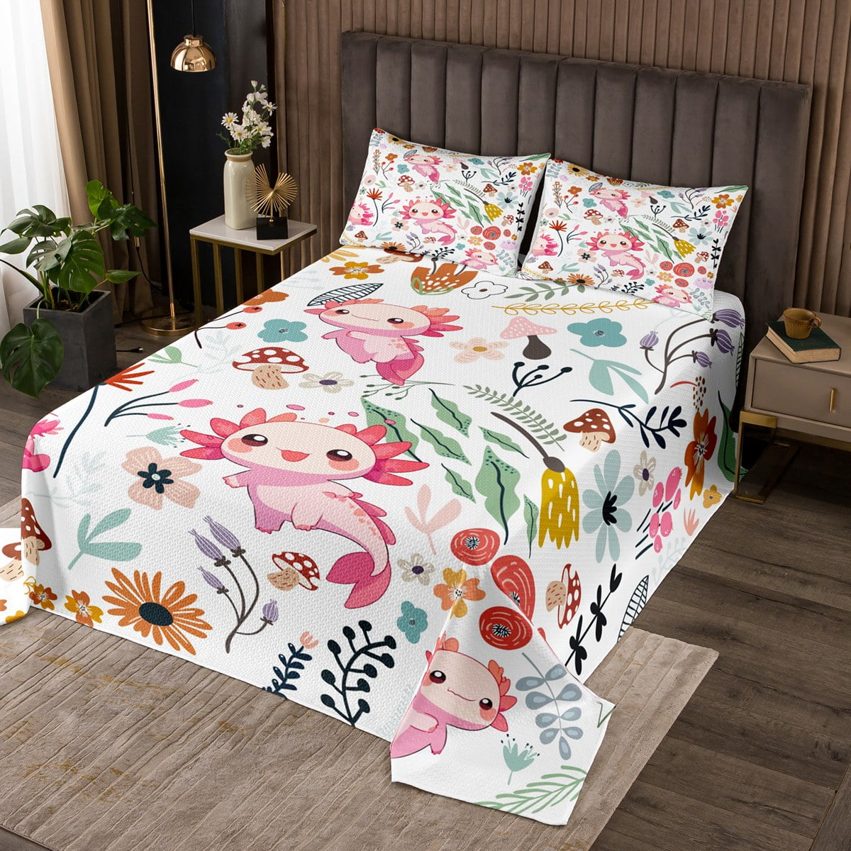 Kawaii Axolotl Quilt Set Mushroom Floral Twin Bedspread Set,Cartoon ...