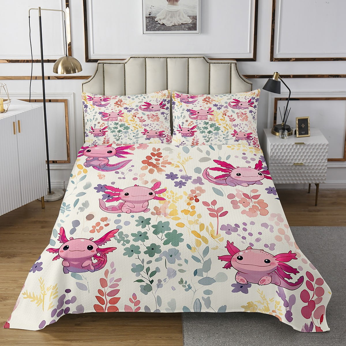 Kawaii Axolotl Quilt Set Twin Size,Cartoon Axolotl Reptile Bedding Set ...