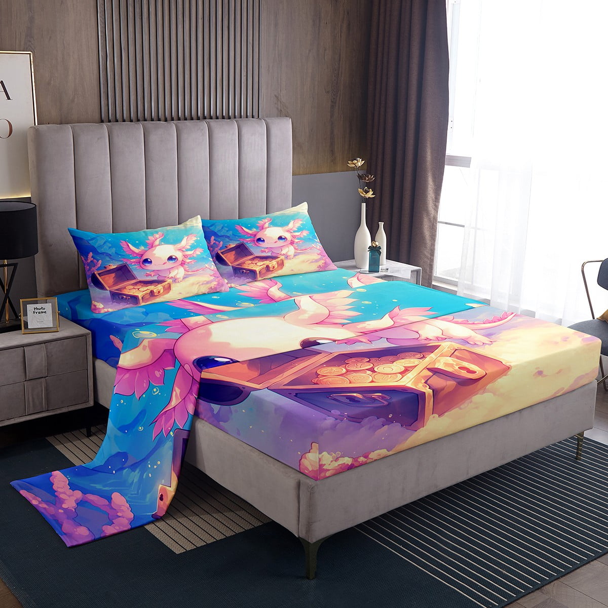 Kawaii Axolotl Sheet Set King Size Pink Cartoon Axolotl Bed Sheets Set ...