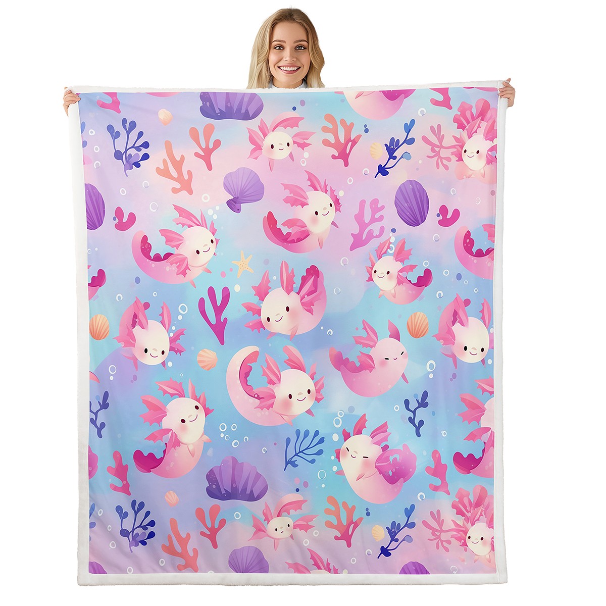 Kawaii Axolotl Sherpa Blanket Queen 90"X90" For Kids Boys Girls Bed ...